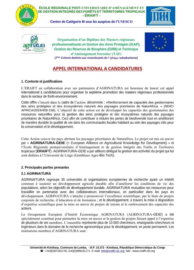 Appel à candidatures pour la 7ème cohorte des Masters régionaux, ERAIFT