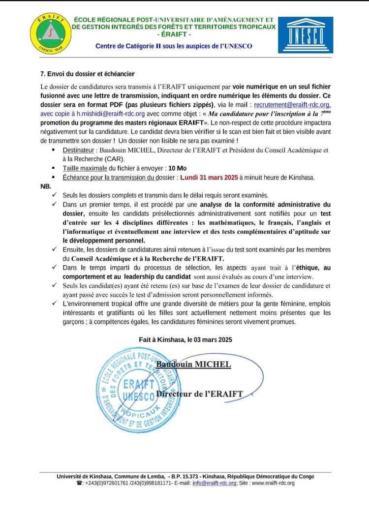 Appel à candidatures pour la 7ème cohorte des Masters régionaux, ERAIFT